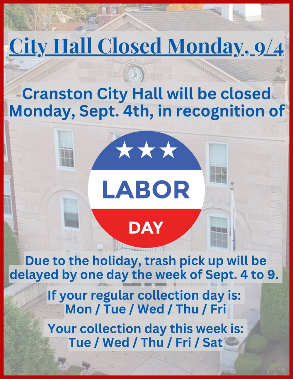 City Hall Closed for Sept. 9, 2023, for Labor Day