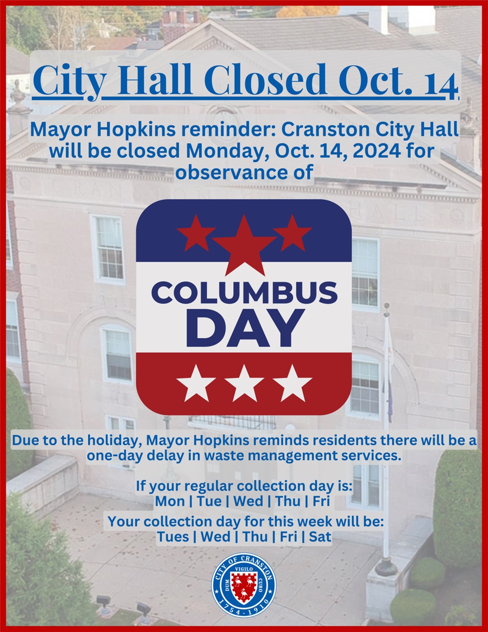 City Hall Closed Oct. 14, 2024, for Observance of Columbus Day