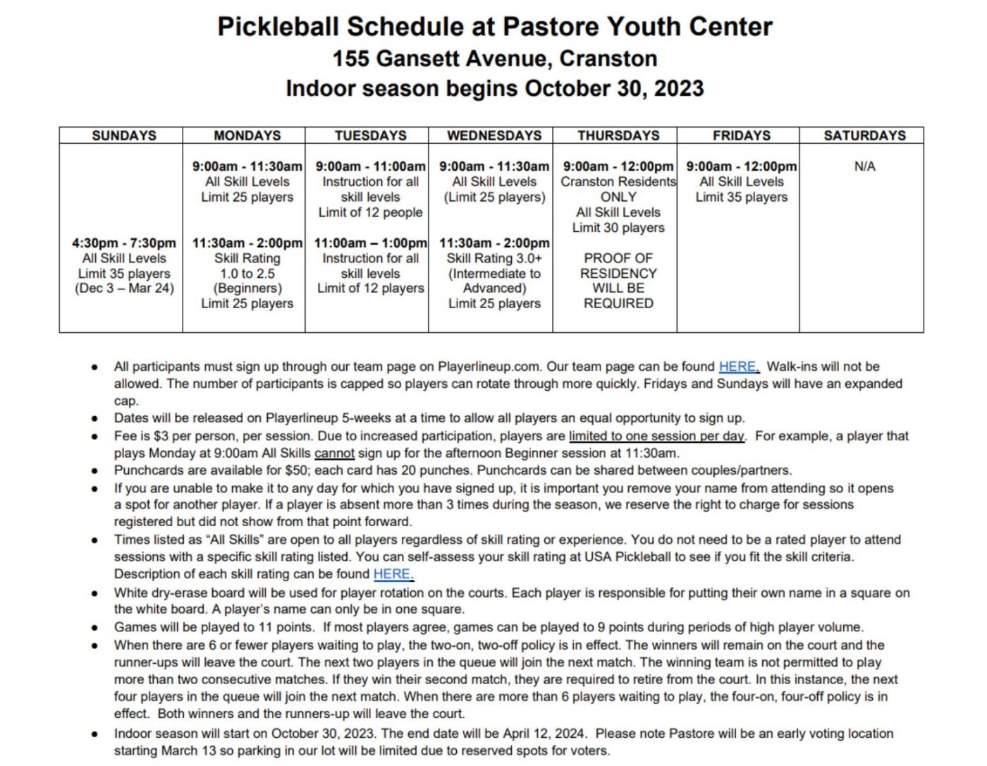 Pickleball Season Schedule/Info